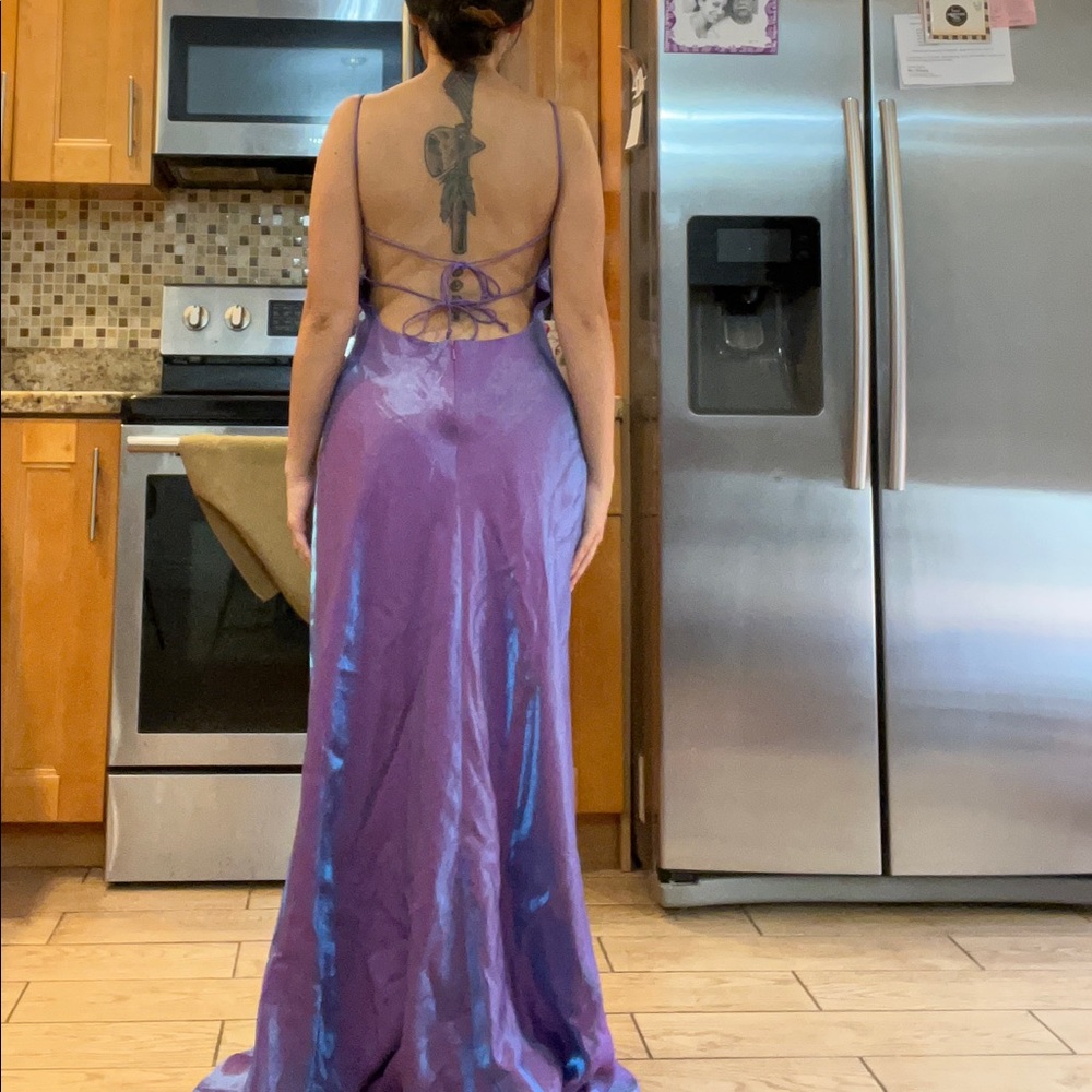 Full Length Gown Y2k Purple Metallic Backless - Gem